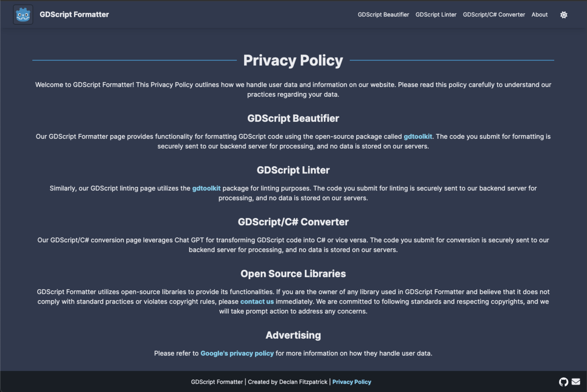 GDScript Formatter | Privacy Policy